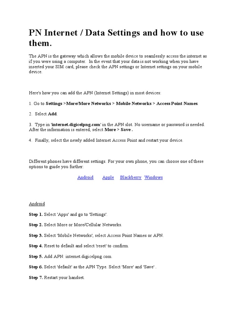APN Internet Data Settings and How To Use Them. | PDF
