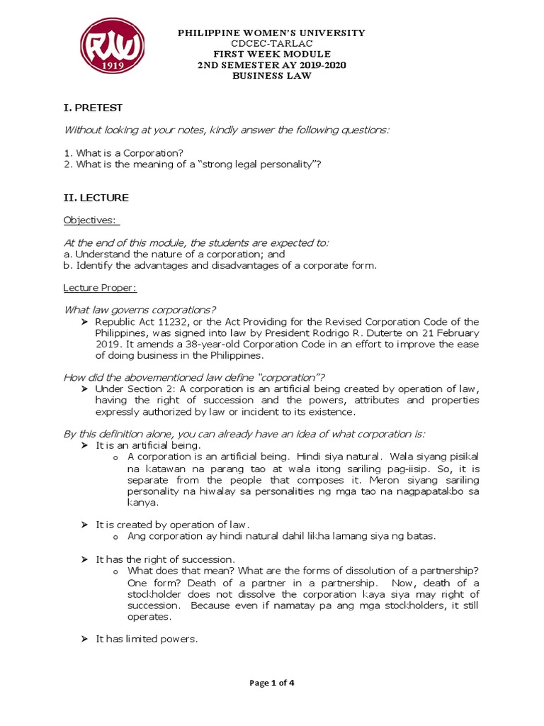 Business Law Week 1 Module | PDF | Corporations | Corporate Law
