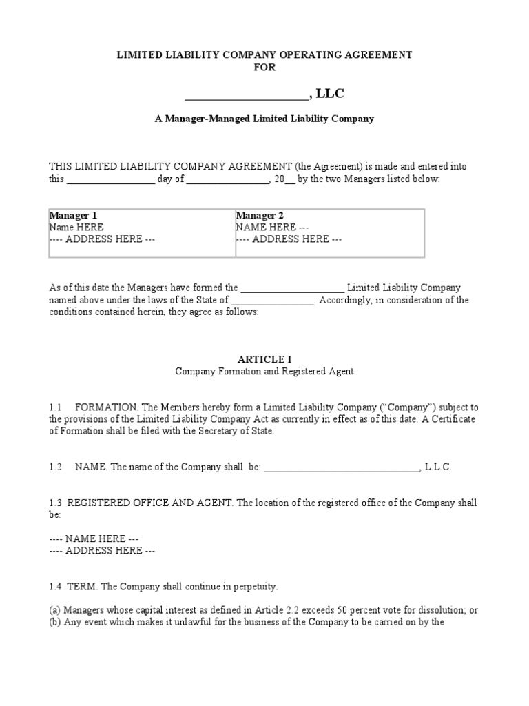 EXAMPLE LLC Operating Agreement | PDF | Limited Liability Company ...
