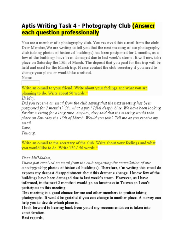 Aptis Writing Task 4 - Photography Club (Answer Each Question ...