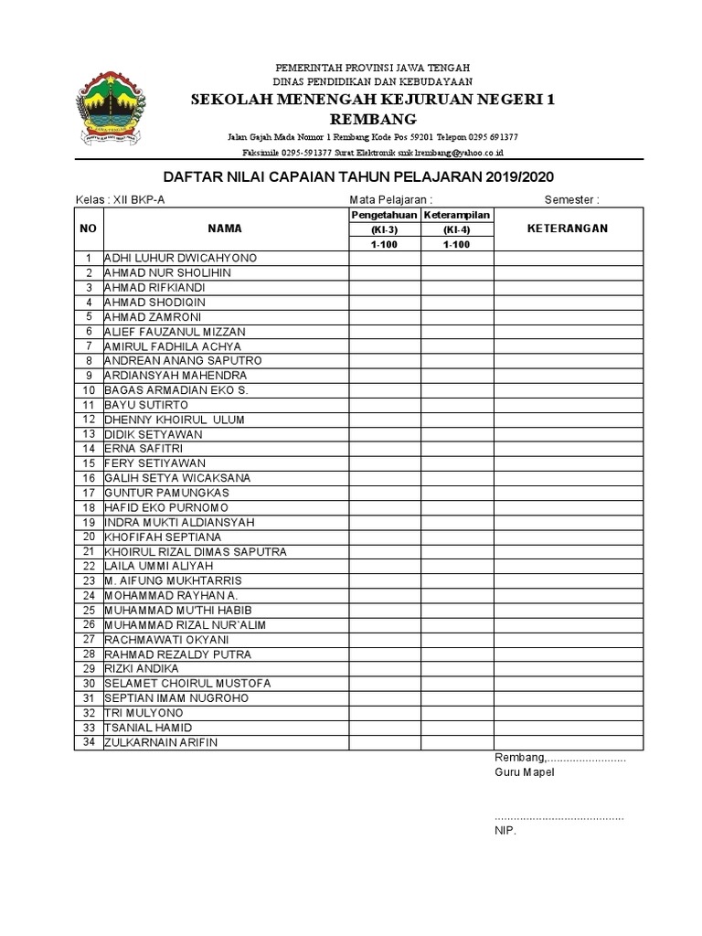Blangko Nilai Capaian Kelas Xii 1920 | PDF