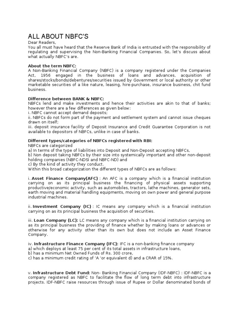 All About NBFC'S | PDF | Non Bank Financial Institution | Reserve Bank ...