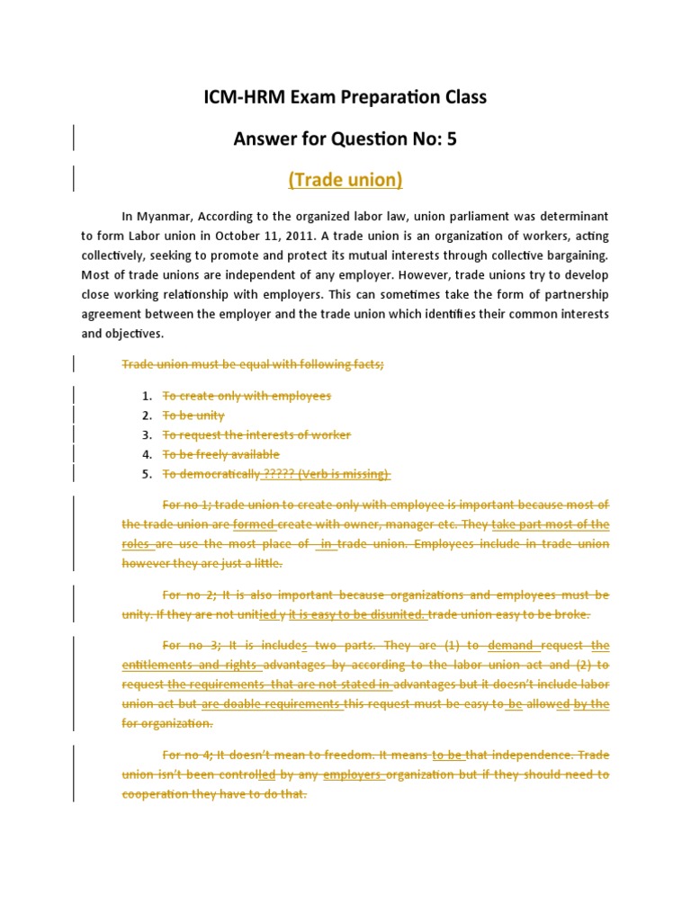 ICM-HRM Exam Preparation Class Answer For Question No: 5: (Trade Union ...