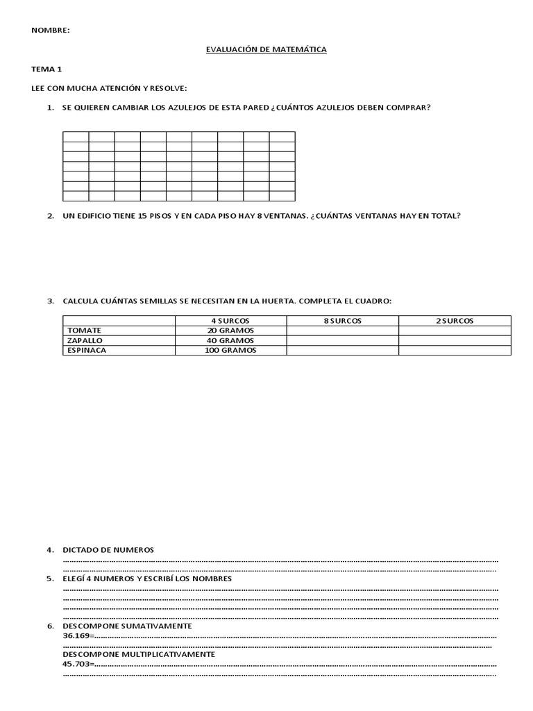 Evaluación MATEMATICA 4to Grado Educación Primaria | PDF | Enseñanza de ...