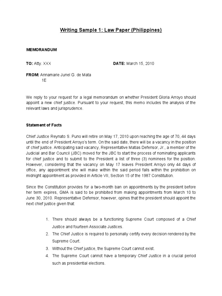 Writing Sample 1: Law Paper (Philippines) : Memorandum | PDF | Supreme ...