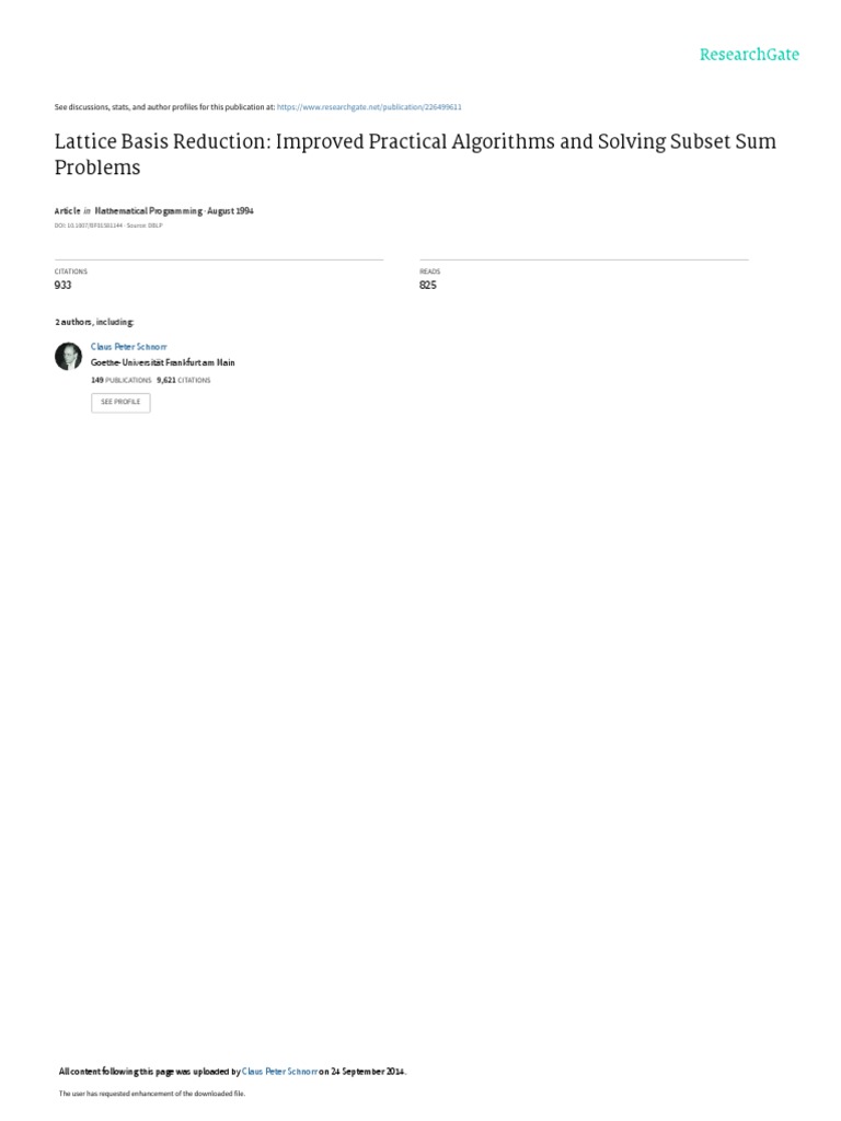 Lattice Basis Reduction Improved Practical Algorit Pdf Lattice Group Basis Linear Algebra