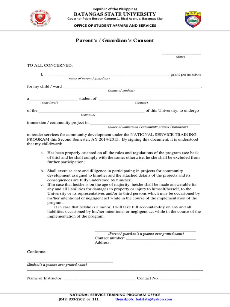 Parent Consent for NSTP Participation | PDF | Government Information | Justice