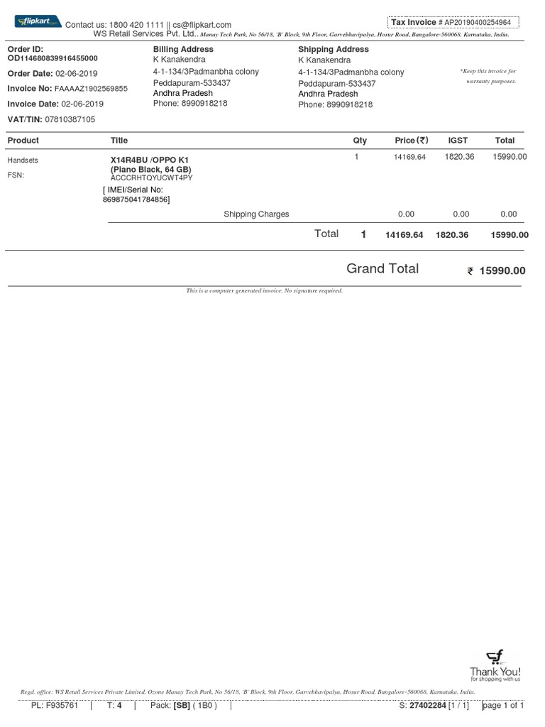 OPPO K1 Invoice PDF | PDF | Business