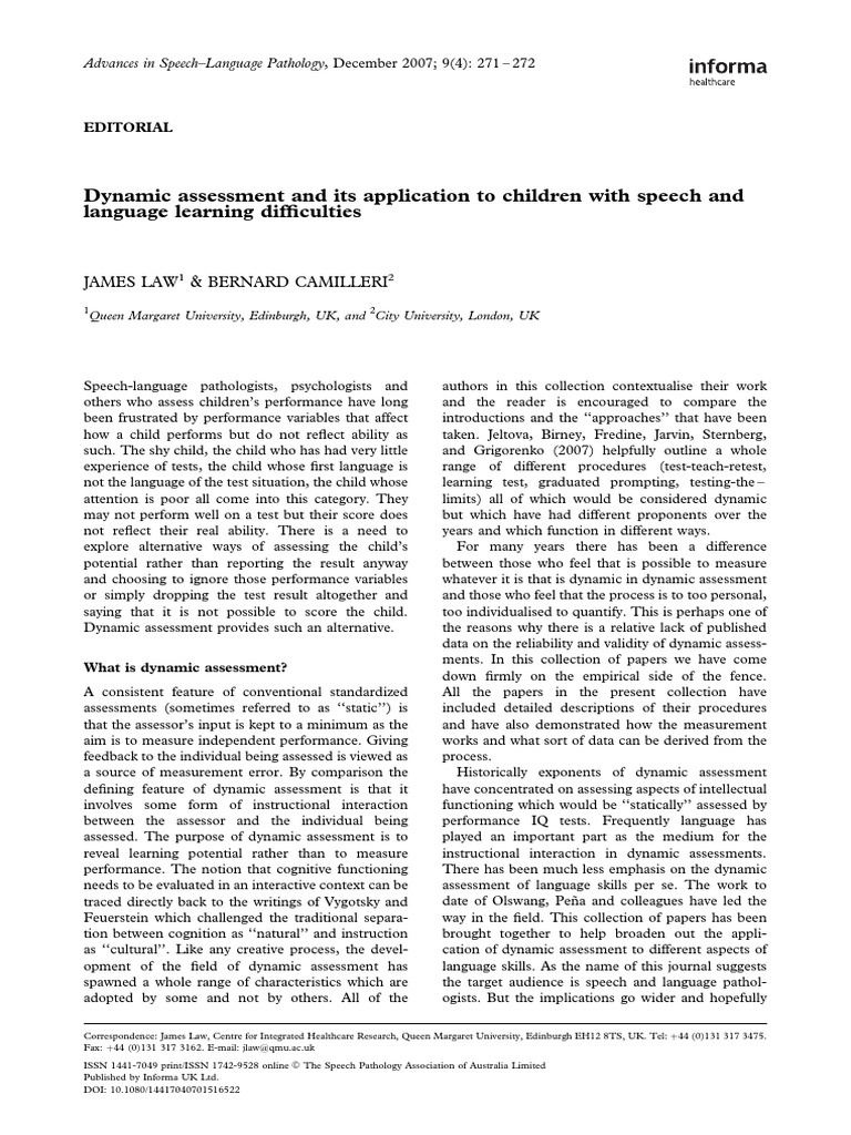 Dynamic Assessment and Its Application To Children With Speech and ...