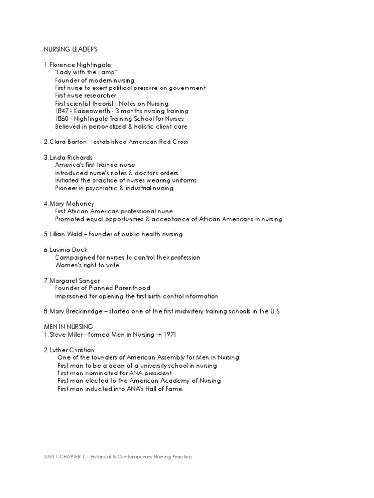UNIT I: CHAPTER 1 - Historical & Contemporary Nursing Practice | PDF | Mean | Id