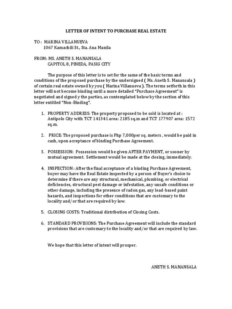 Letter of Intent To Purchase Real Estate | PDF