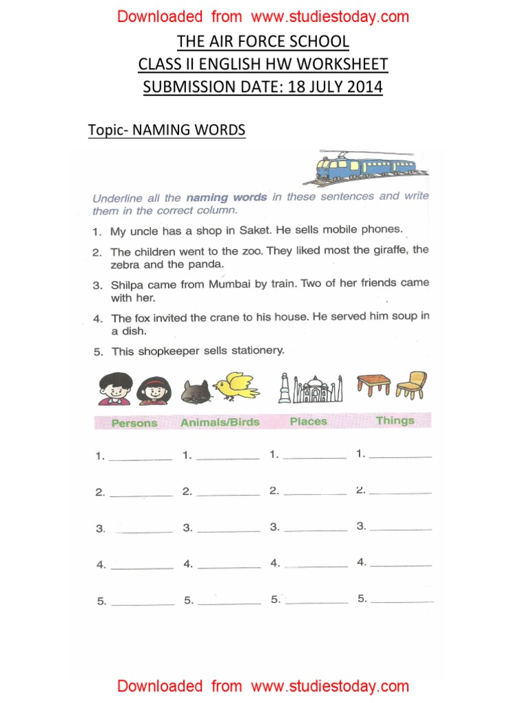 CBSE Class 2 English Practice Worksheets (68) - Naming Words PDF | PDF
