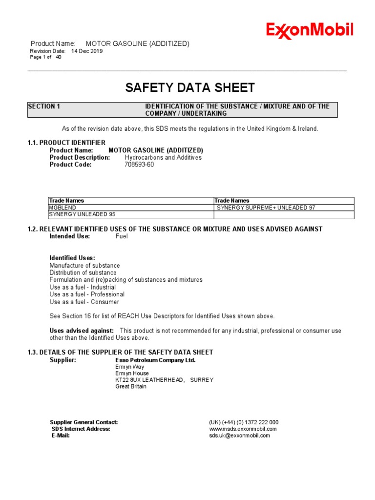 Safety Data Sheet: Product Name: Motor Gasoline (Additized) | PDF ...