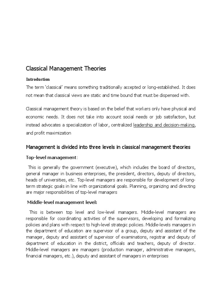Classical Management Theories | PDF | Bureaucracy | Theory