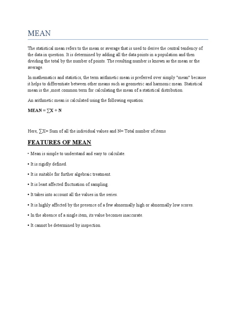 Features of Mean | PDF | Mean | Average