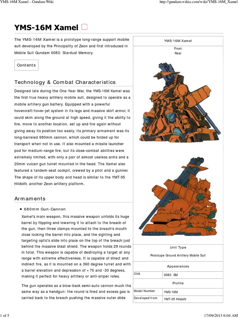 YMS-16M Xamel - Gundam Wiki | PDF | Artillery | Ammunition