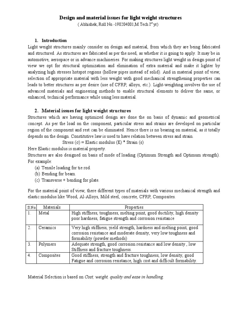 Note On Light Weight Structure | PDF | Strength Of Materials ...