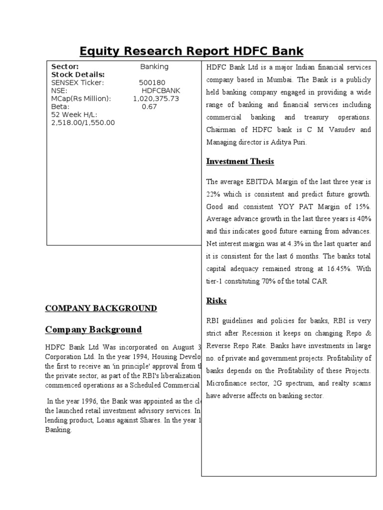 Equity Research Report HDFC Bank | PDF | Reserve Bank Of India | Banks