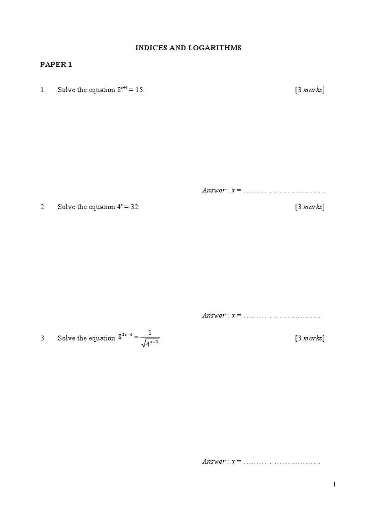 Solve The Equation 8 15. (3 Marks) : Indices and Logarithms Paper 1 | PDF | Mathematical ...
