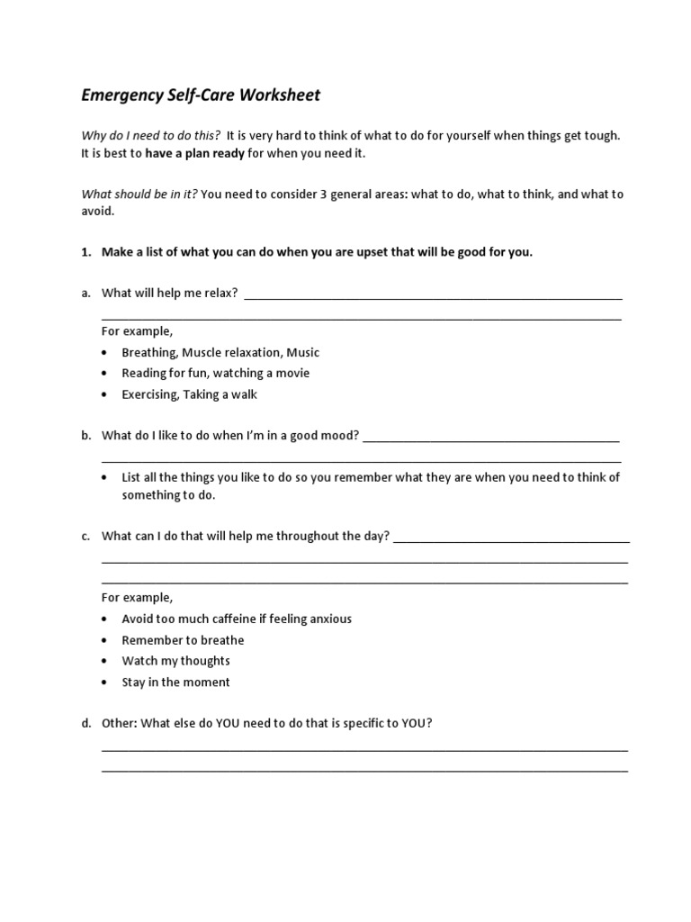Emergency Self-Care Worksheet NEW-2.6.15 | PDF | Behavioural Sciences ...