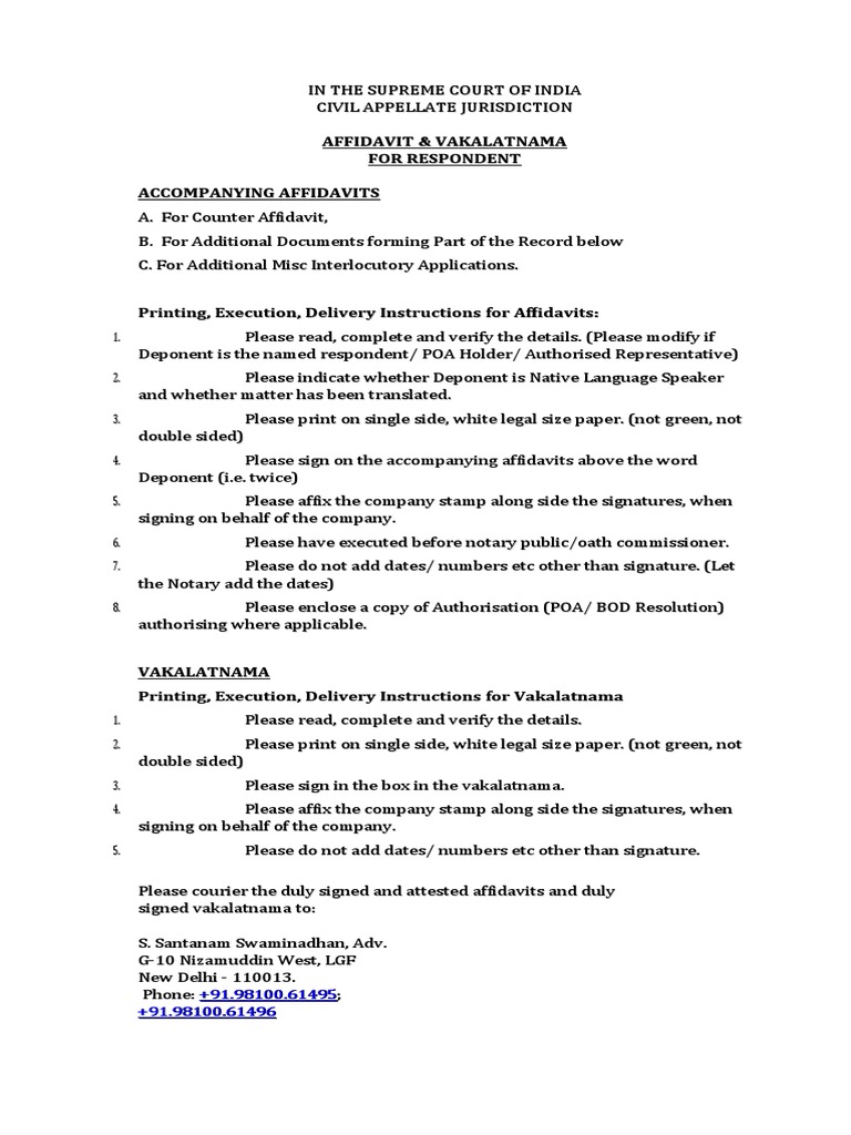 Affidavit and Vakalatnama Guidelines | PDF | Affidavit | Notary Public
