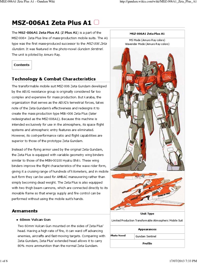 MSZ-006A1 Zeta Plus A1 - Gundam Wiki | PDF | Aircraft | Aviation