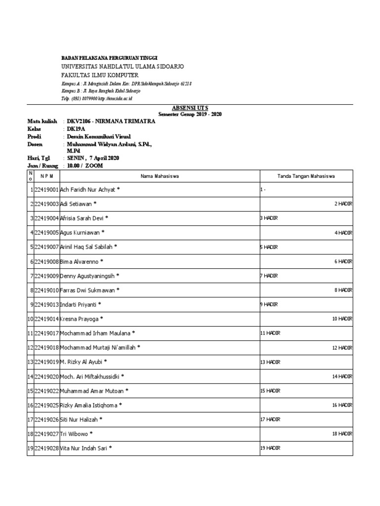 Absensi UTS DKV Universitas Nahdlatul Ulama | PDF
