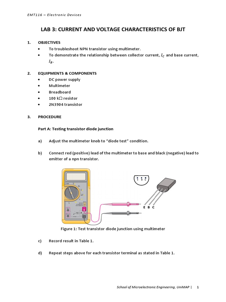 Lab 3: Current and Voltage Characteristics of BJT: 1. Objectives | PDF ...