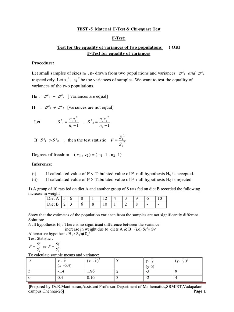 TEST-5 Material F - Test and Chi-Square Test PDF | Download Free PDF ...