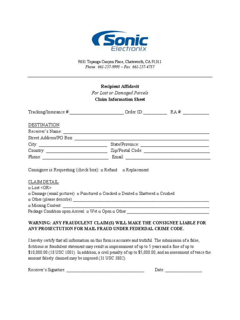 Lost/Damaged Parcel Claim Form | PDF