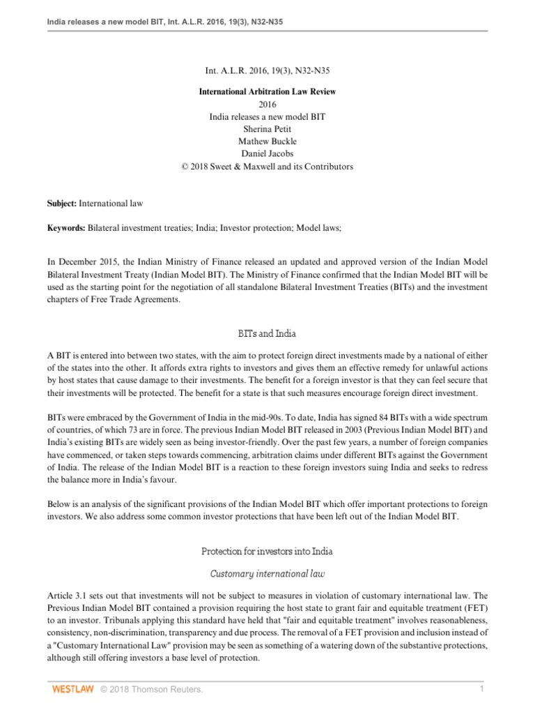 (Sherina Petit) India Releases A New Model BIT | PDF | Arbitration ...