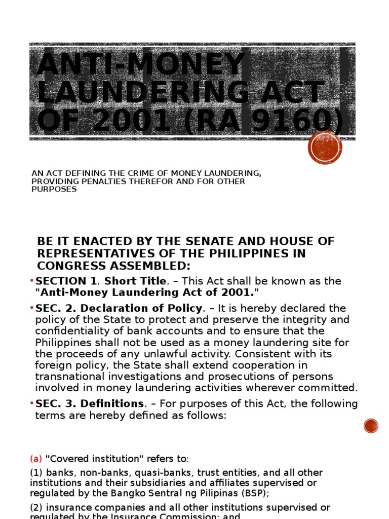Anti-Money Laundering Act OF 2001 (RA 9160) | PDF | Asset Forfeiture ...