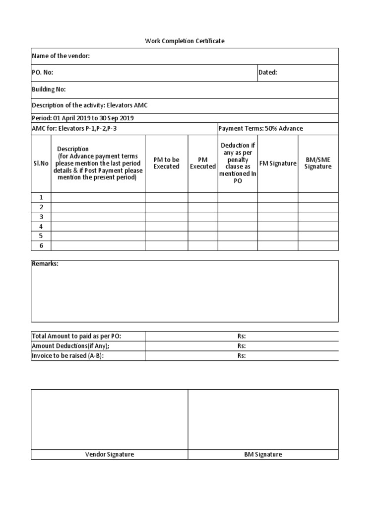 Work Completion Certificate for Elevators | PDF
