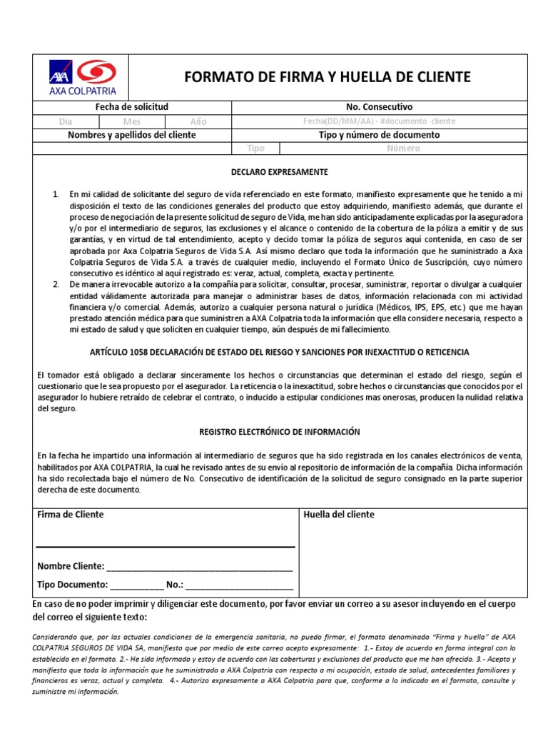 Formato Firma y Huella Vida Deudor | PDF | Póliza de seguros | Seguro