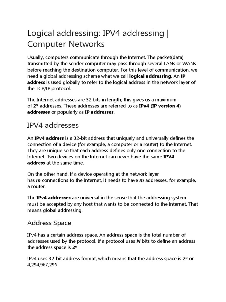 Logical Addressing: IPV4 Addressing - Computer Networks | PDF | Ip Address | Internet Protocols