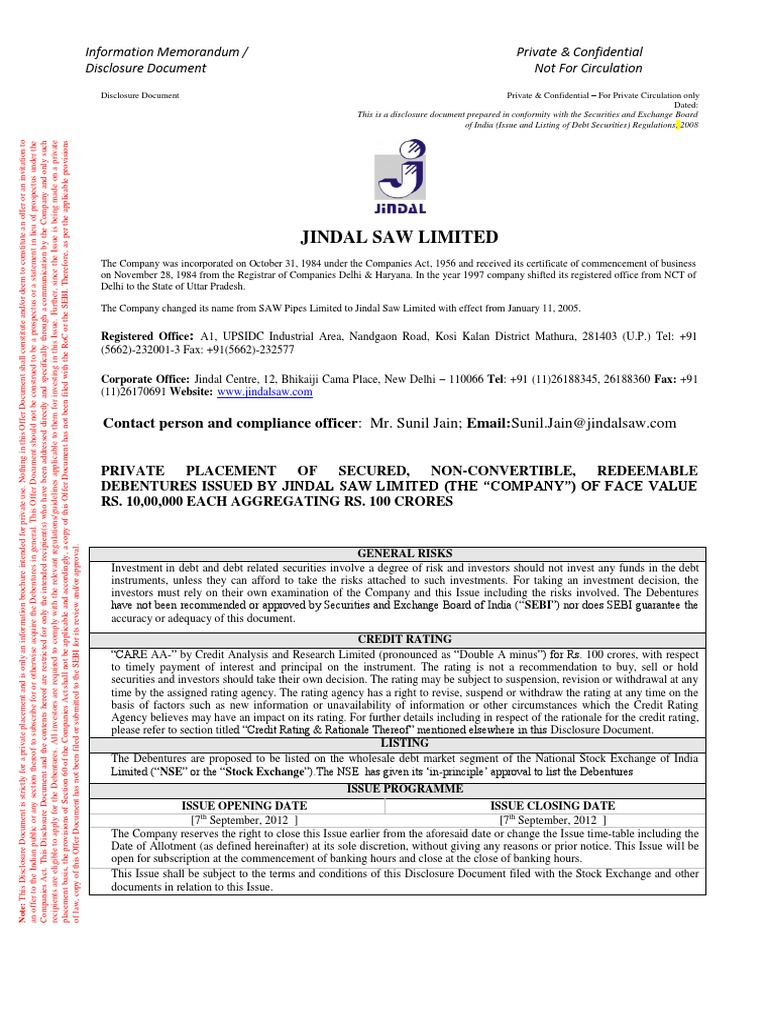 Debentures Information Memorandum | PDF | Prospectus (Finance ...