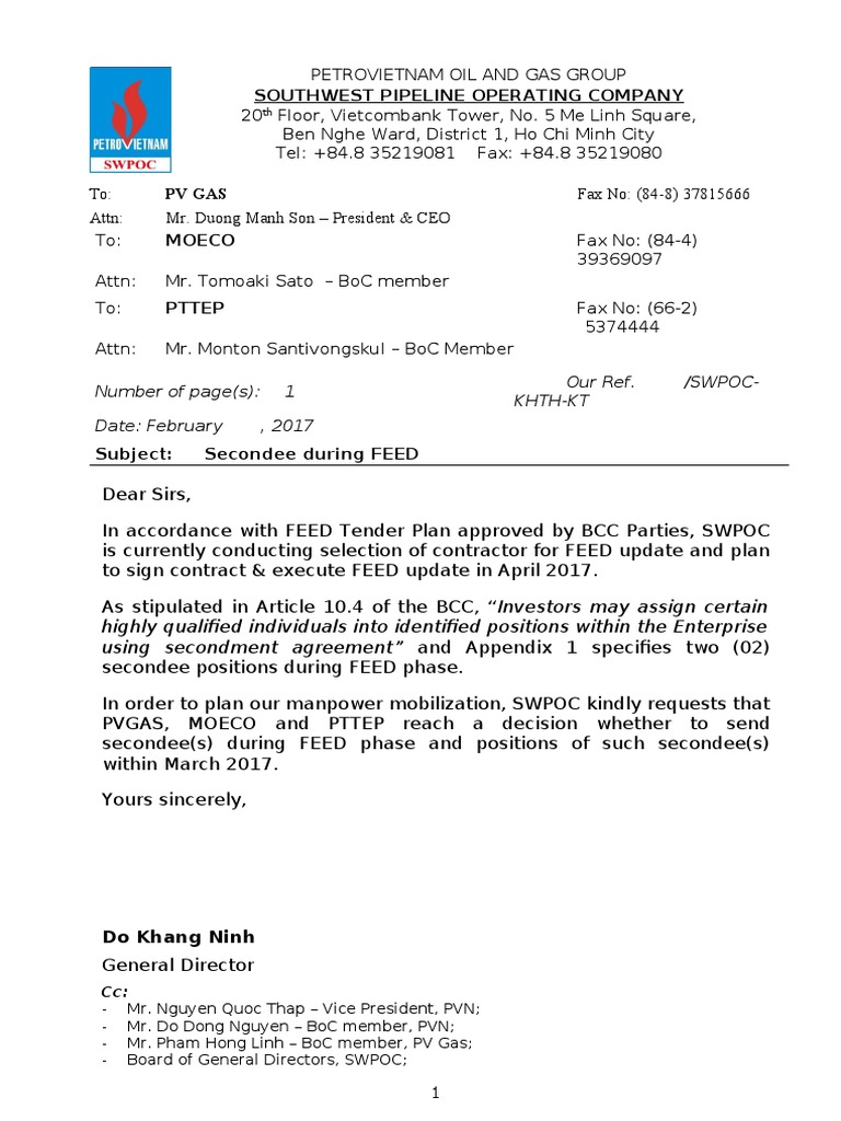 Southwest Pipeline Operating Company: Number of Page(s) : 1 Our Ref ...