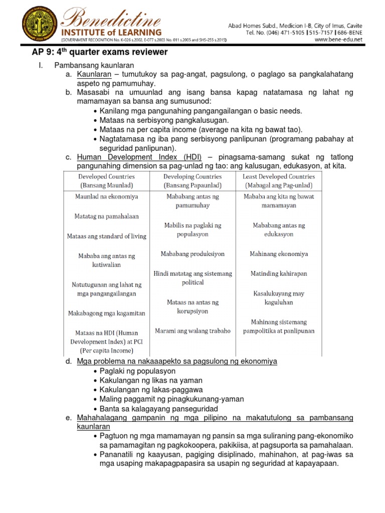G9 AP 4th Quarter Exams Reviewer | PDF