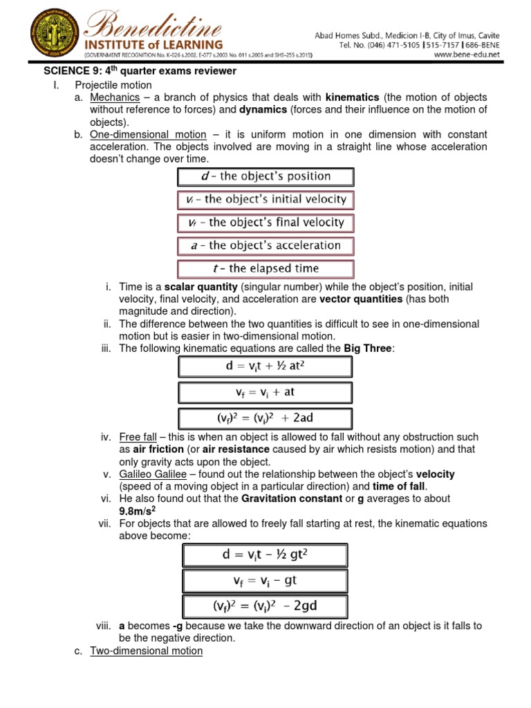 G9 Science 4th Quarter Exams Reviewer | PDF | Acceleration | Kinematics