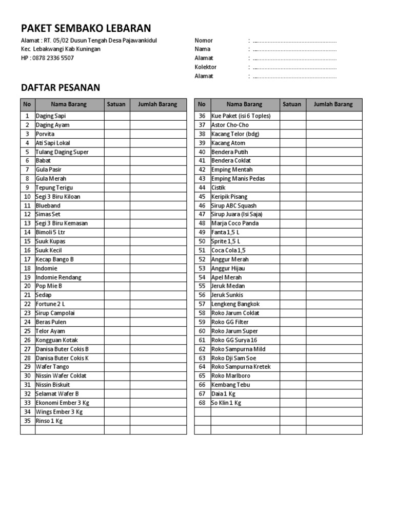 Paket Sembako Lebaran: Daftar Pesanan | PDF | Indonesian Cuisine | Indonesia