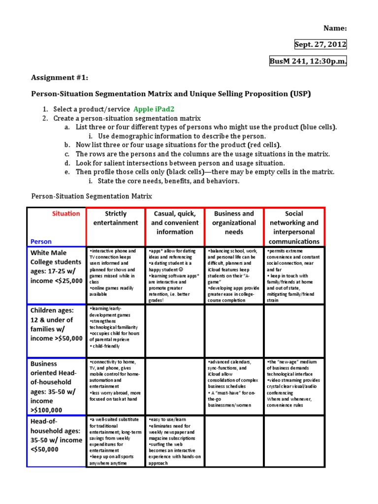 Name: Sept. 27, 2012 Busm 241, 12:30P.M. Assignment #1: Person-Situation Segmentation Matrix and ...
