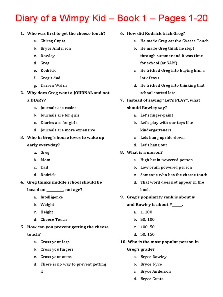 Diary of a Wimpy Kid Quiz Answers | PDF