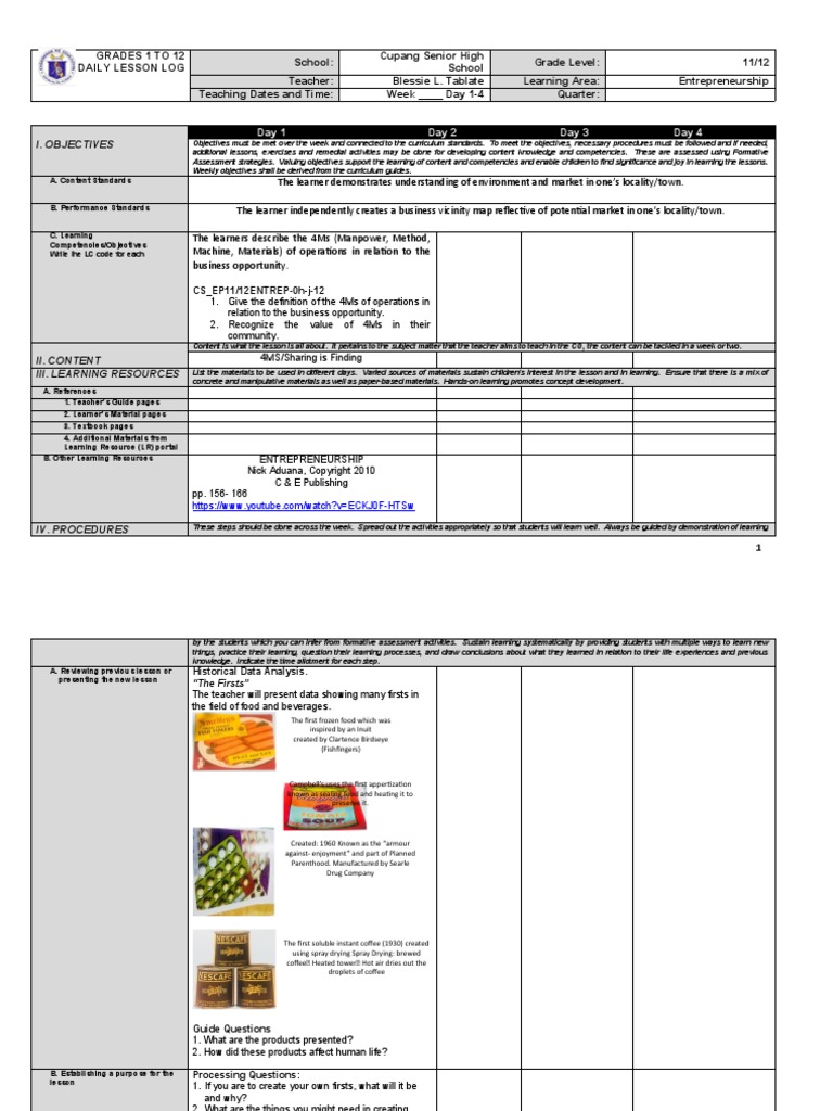 DLL-Entrep - Day 1 | Download Free PDF | Learning | Teachers