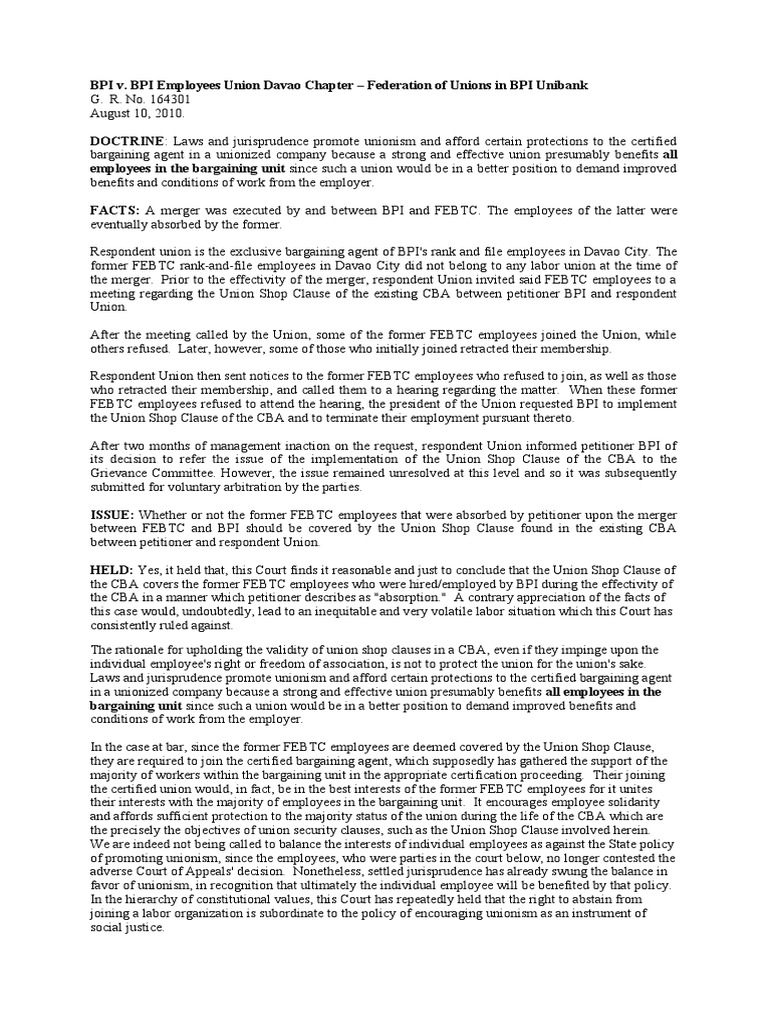 BPI v. BPI Employees Union Davao Chapter - Federation of Unions in BPI Unibank | PDF | Trade ...