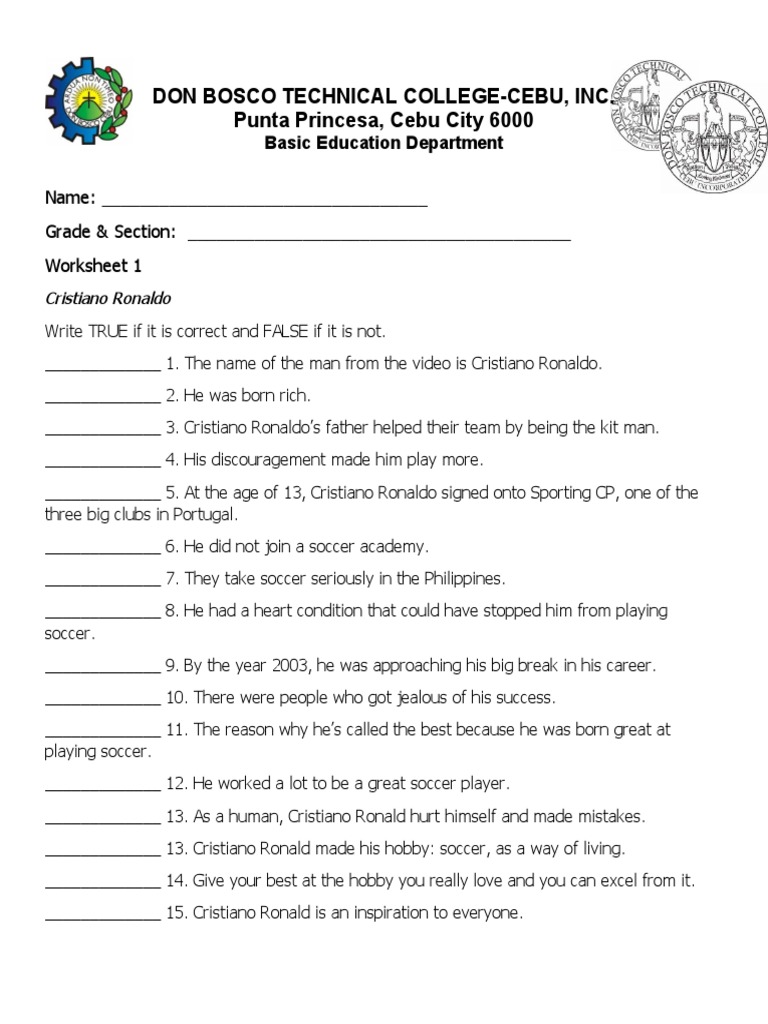 Cristiano Ronaldo Worksheet for Students | PDF