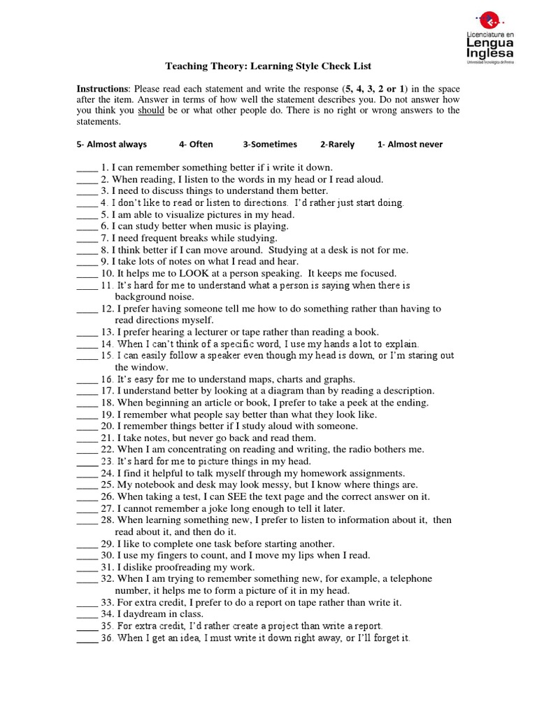 Learning Style Assessment Checklist | PDF | Learning Styles | Communication