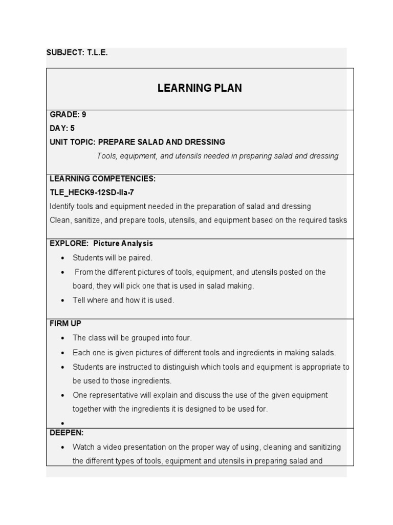 Learning Plan in Tle 9 | PDF | Salad | Foods