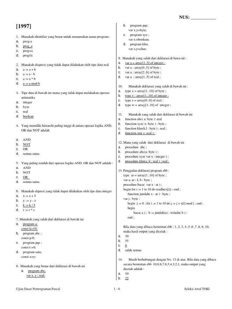 Contoh Soal-Soal Pascal (TOKI) | PDF