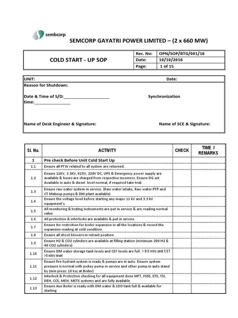 01.SOP Cold Start Up.r3 | PDF | Boiler | Valve