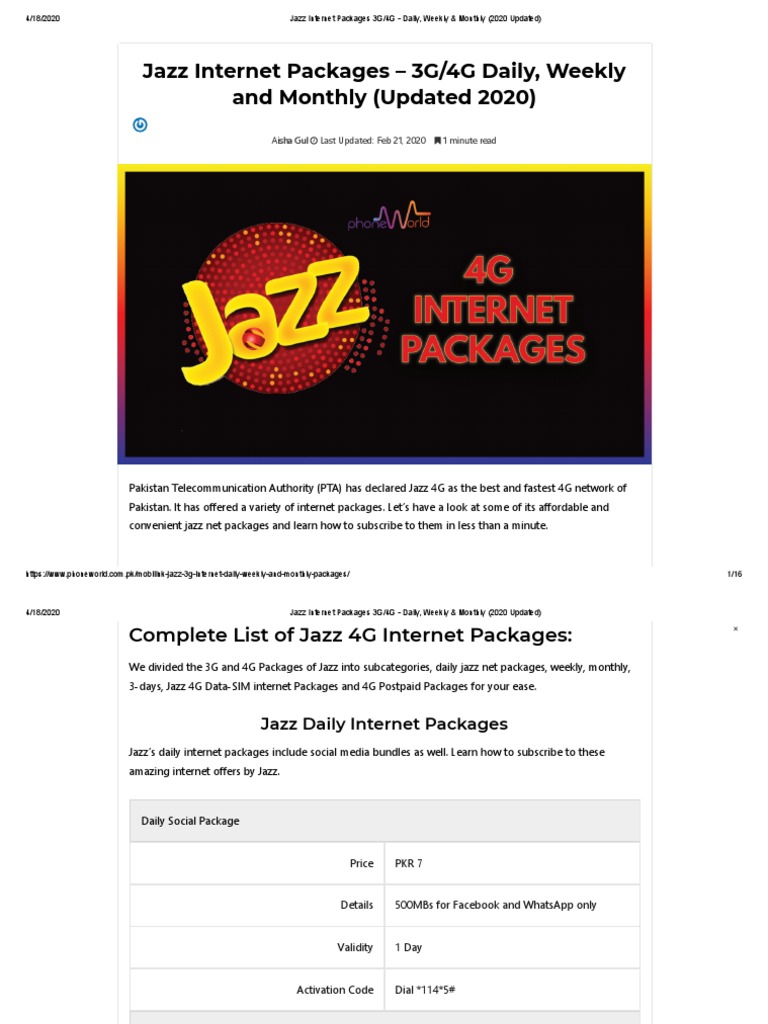 Jazz Internet Packages 3G - 4G - Daily, Weekly & Monthly (2020 Updated) PDF | PDF | Internet ...